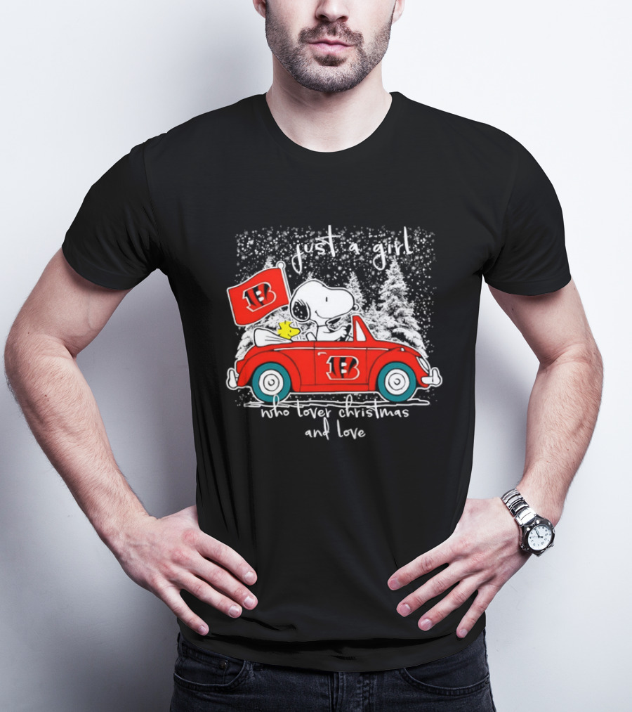 Snoopy Just A Girl Who Loves Christmas And Cincinnati Bengals Riding Car With Woodstock T-Shirt