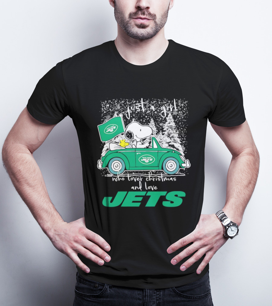Snoopy Christmas New York Jets Fan In A Green Car With Snowflakes T-Shirt