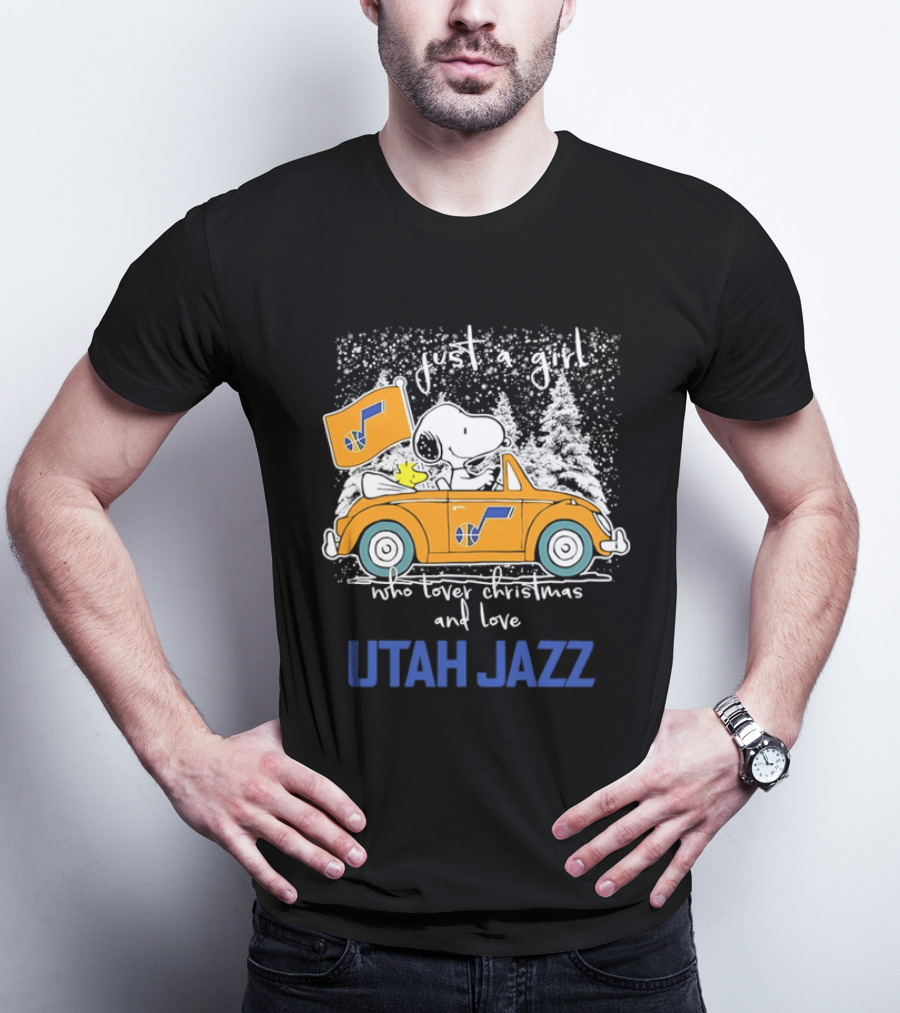Utah Jazz Fan With Snoopy In Festive Car Celebrating Christmas T-Shirt