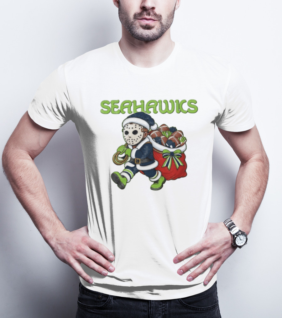 Seahawks Football Christmas Horror Santa Sack Green Blue T-Shirt