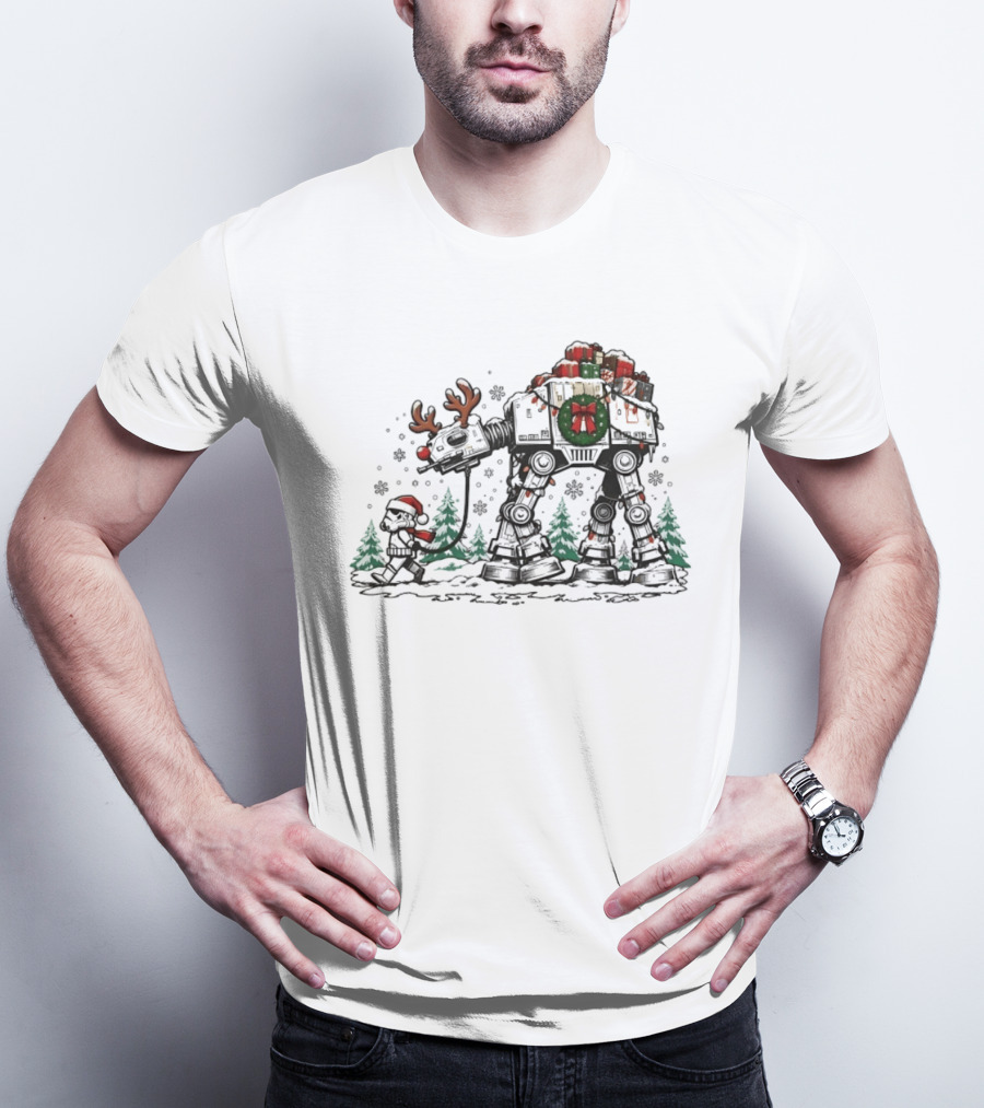 Star Wars Stormtrooper Leading Christmas AT AT Reindeer With Gifts T-Shirt