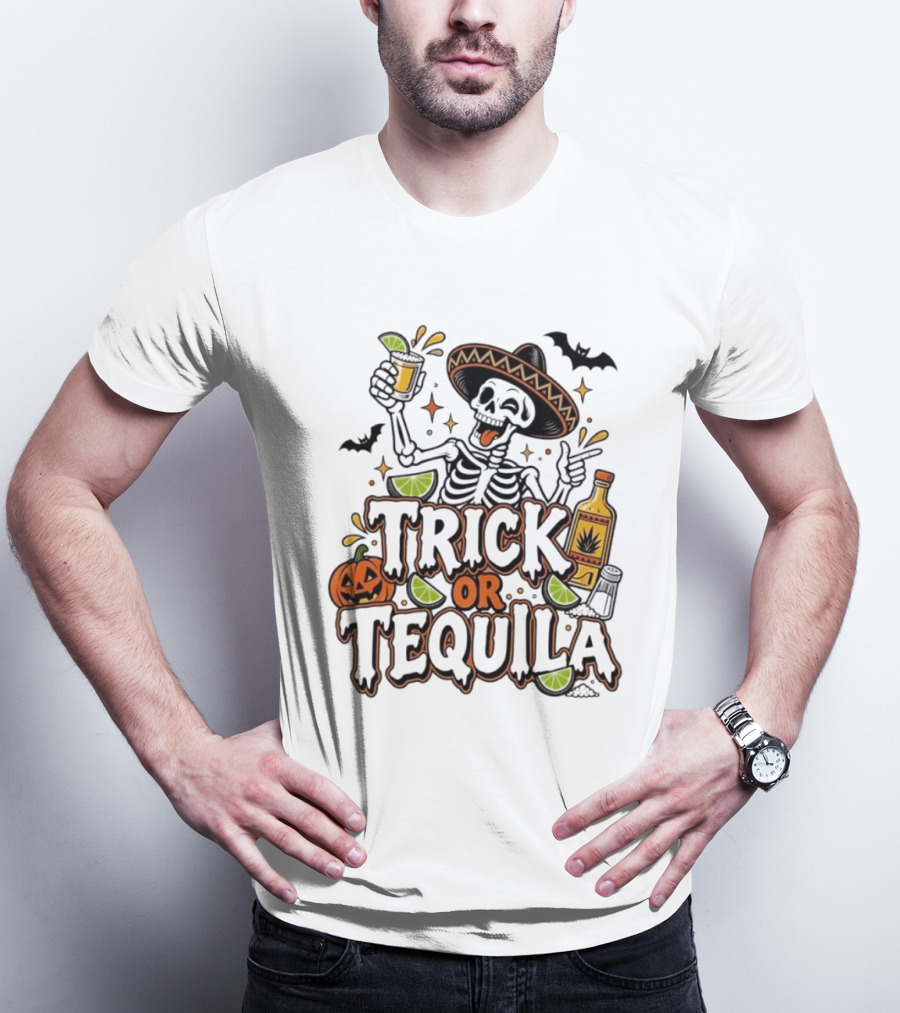 Trick Or Tequila Skeleton Sombrero Halloween Party Pumpkin Bats Lime T-Shirt