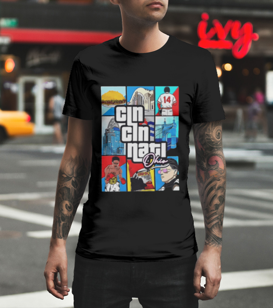 Cincinnati Ohio Landmarks GTA Style Tyler Henderson Alabama NCAA 14 T-Shirt