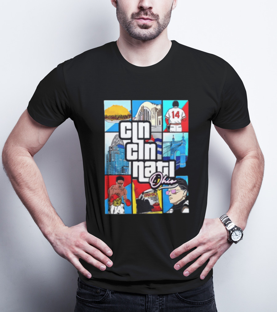 Cincinnati Ohio Landmarks GTA Style Tyler Henderson Alabama NCAA 14 T-Shirt