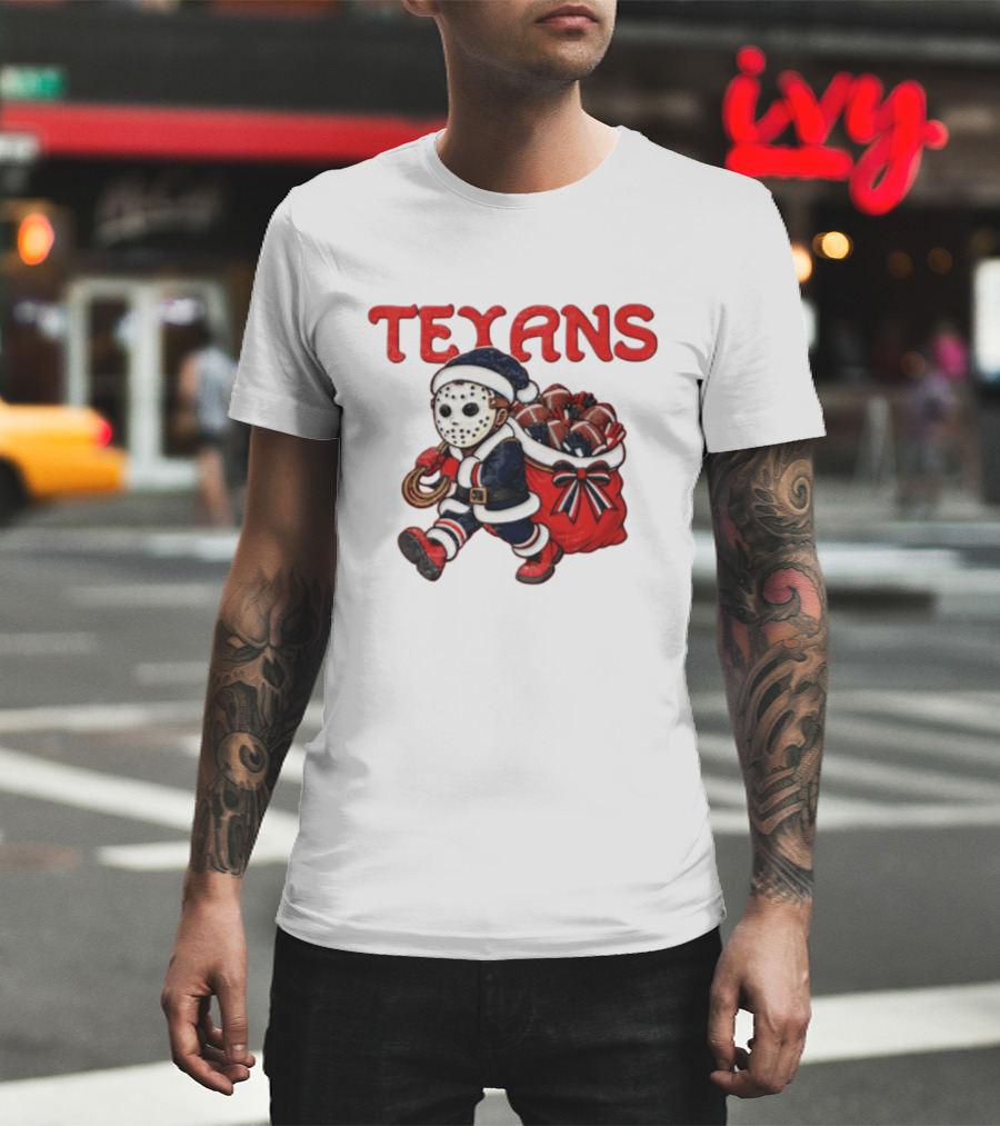 Houston Football Christmas Red And Navy Masked Santa T-Shirt