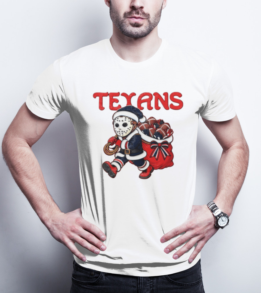 Houston Football Christmas Red And Navy Masked Santa T-Shirt