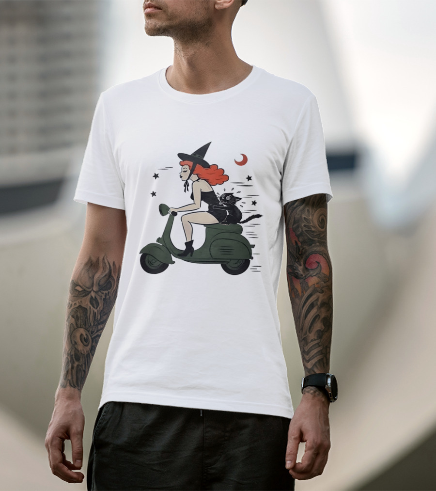 Witch Riding A Scooter With A Cat T-Shirt
