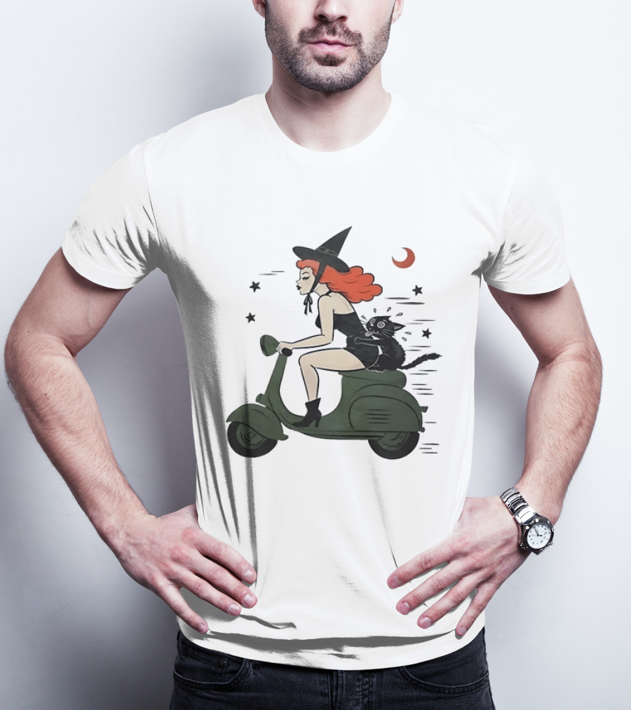Witch Riding A Scooter With A Cat T-Shirt