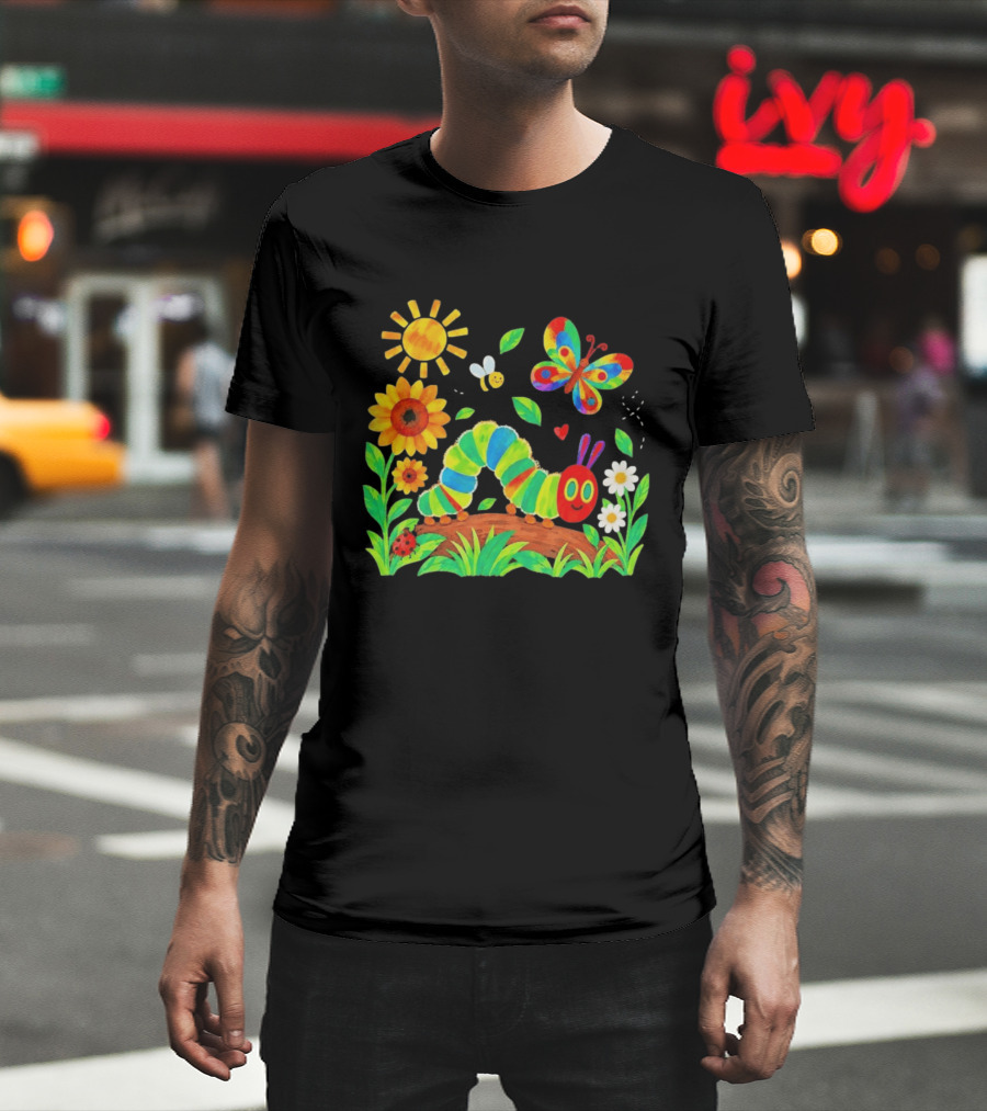 The Very Hungry Caterpillar Colorful Garden With Butterfly And Sunflowers T-Shirt