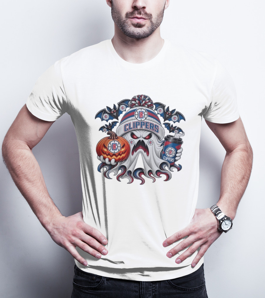 Los Angeles Clippers Spooky Ghost Halloween With Coffee And Pumpkin T-Shirt