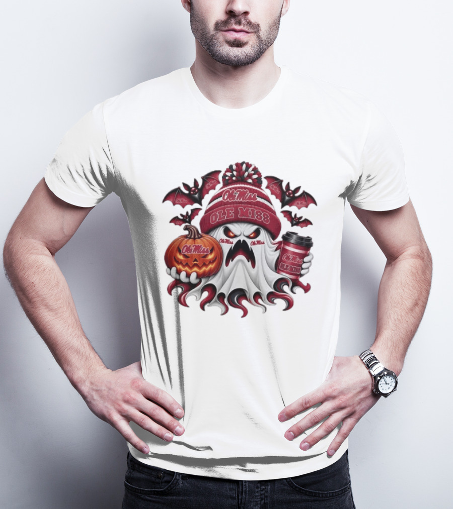 Ole Miss Rebels Halloween Ghost Pumpkin Coffee Spooky Bats T-Shirt