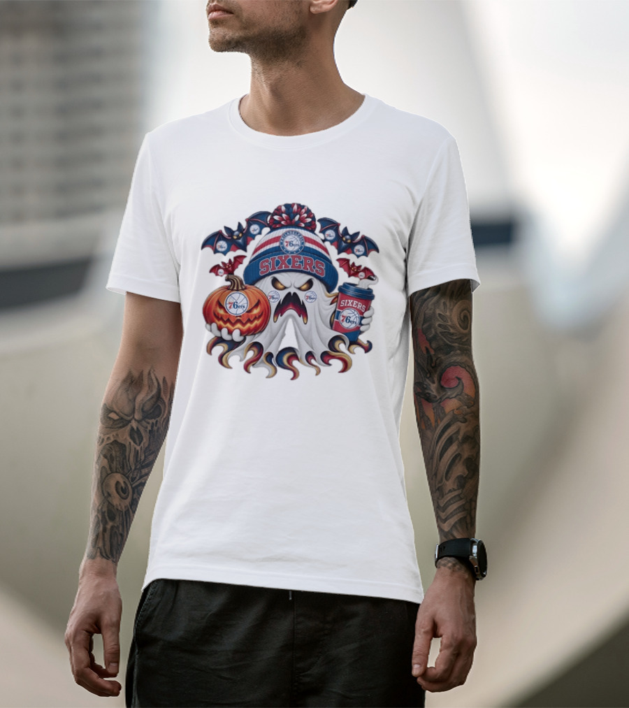 Philadelphia 76ers Spooky Ghost Halloween Coffee Pumpkin Bats T-Shirt