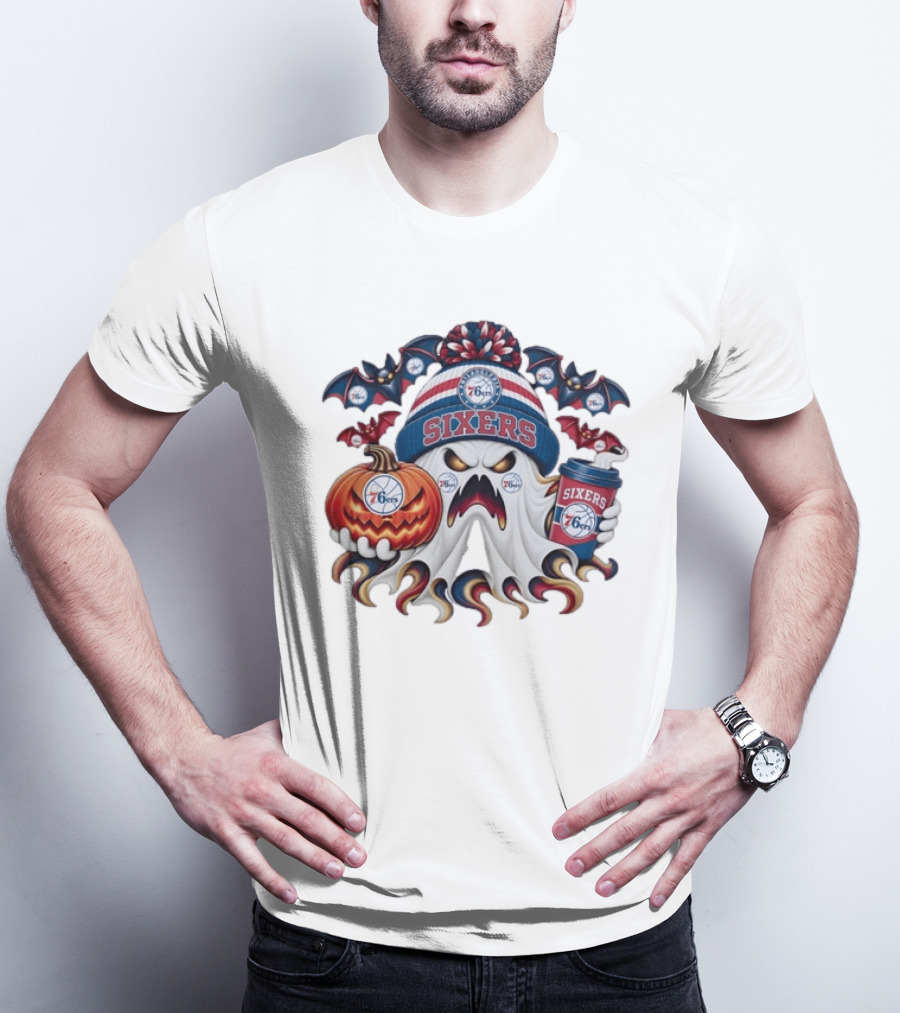 Philadelphia 76ers Spooky Ghost Halloween Coffee Pumpkin Bats T-Shirt