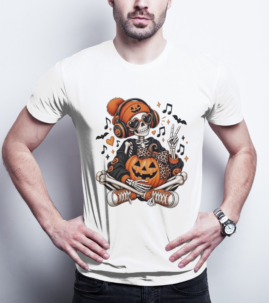 Skeleton In Pumpkin Beanie With Headphones Heart Sunglasses And Peace Sign T-Shirt