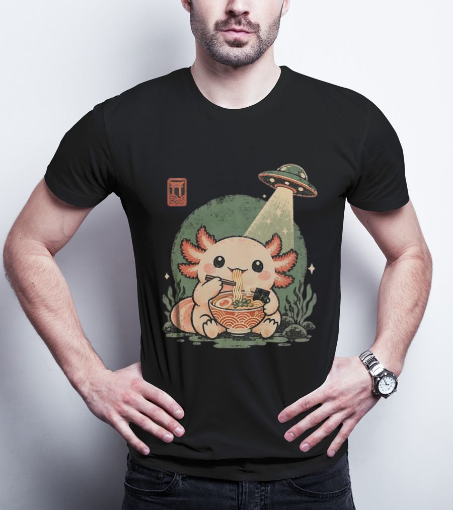Axolotl Enjoying Ramen Under UFO Light With Japanese Distressed T-Shirt