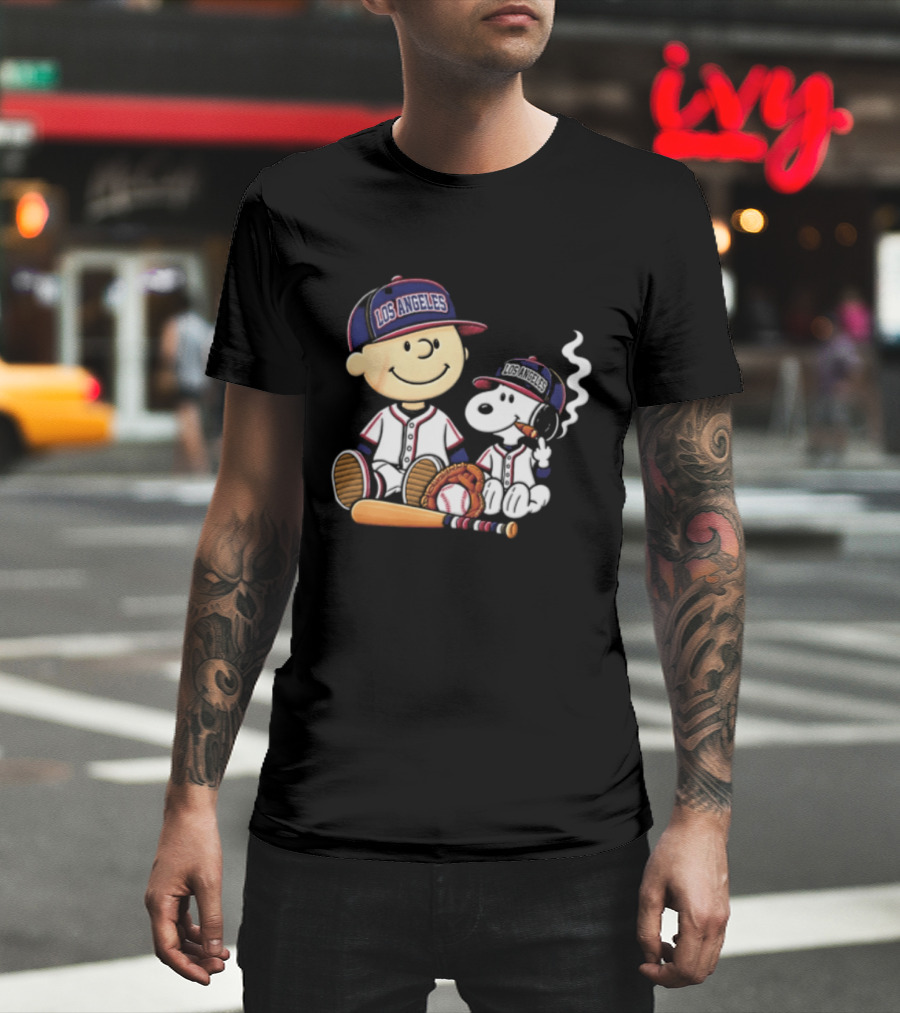 Charlie Brown Snoopy Los Angeles Angels MLB Cigar Smoking Cartoon T-Shirt
