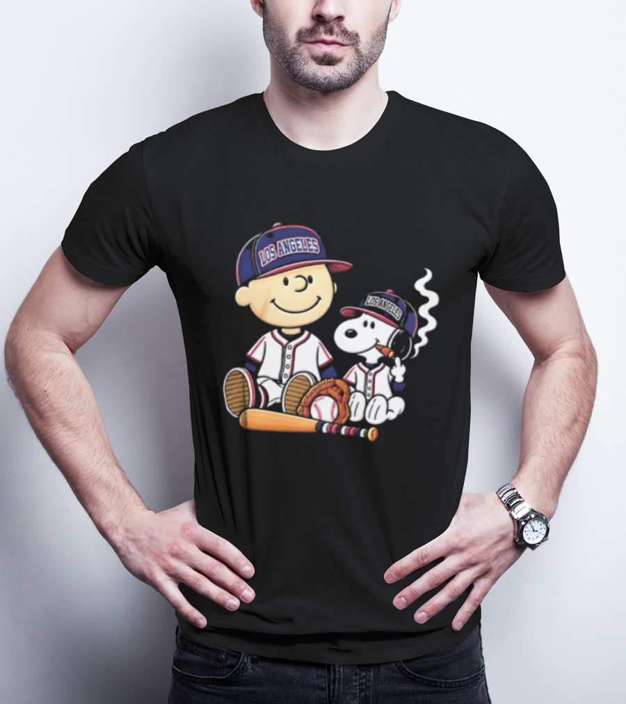 Charlie Brown Snoopy Los Angeles Angels MLB Cigar Smoking Cartoon T-Shirt