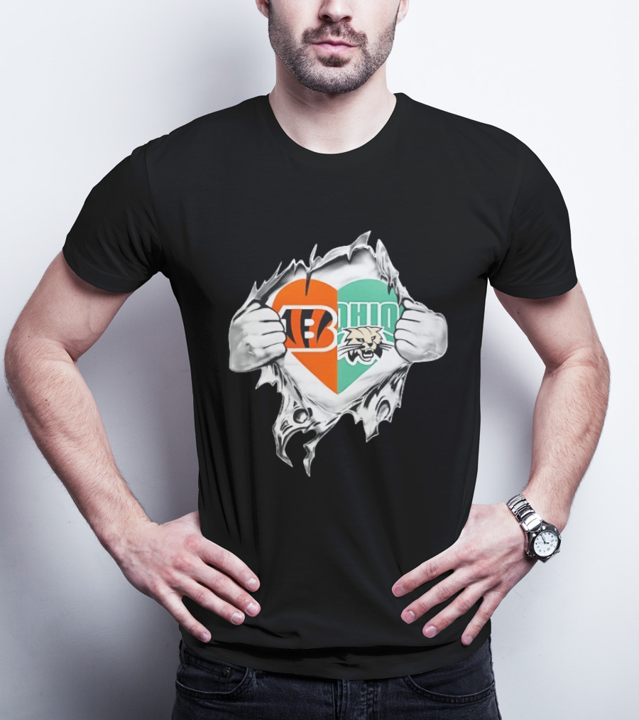 Cincinnati Bengals Ohio Bobcats Heart Superman Chest Rip T-Shirt