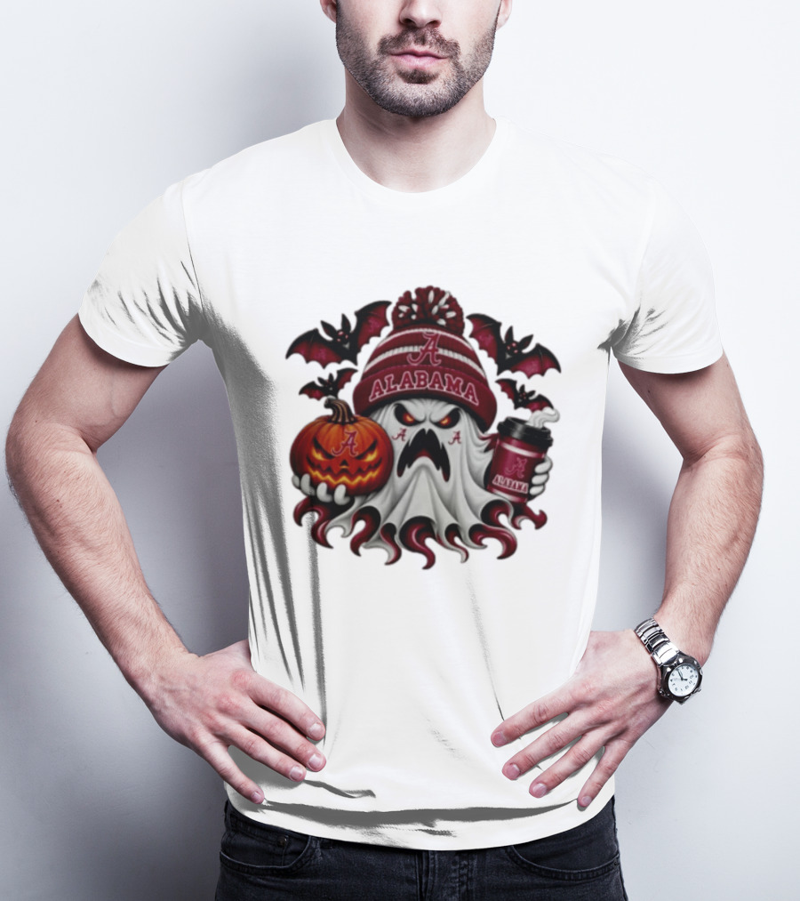 Alabama Crimson Tide Halloween Ghost With Pumpkin And Coffee 2026 T-Shirt