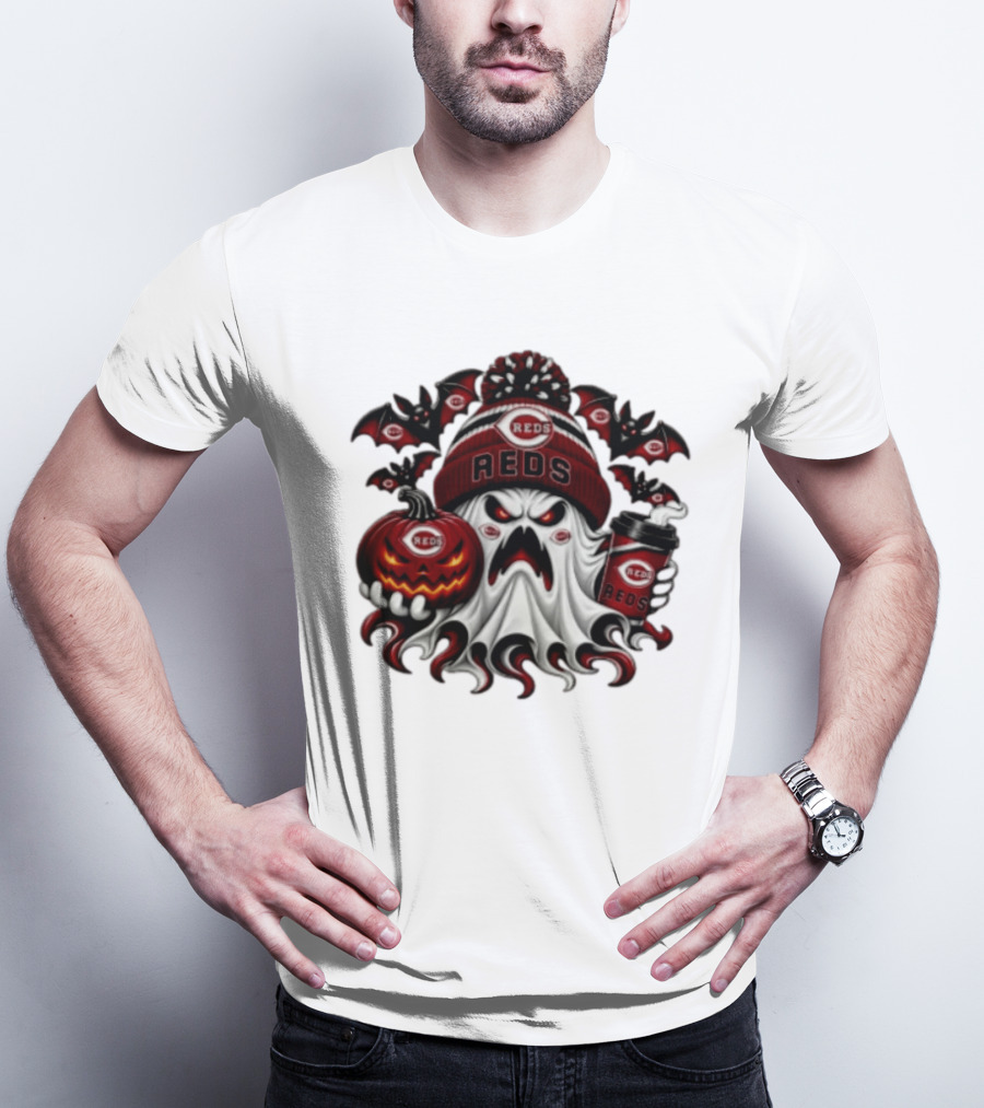 Ghost Pumpkin Cincinnati Reds Coffee Halloween Spooky 2026 Bats T-Shirt