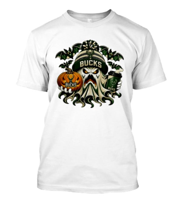 Milwaukee Bucks Spooky Ghost With Pumpkin And Coffee Halloween 2026 T-Shirt
