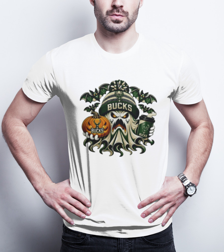 Milwaukee Bucks Spooky Ghost With Pumpkin And Coffee Halloween 2026 T-Shirt