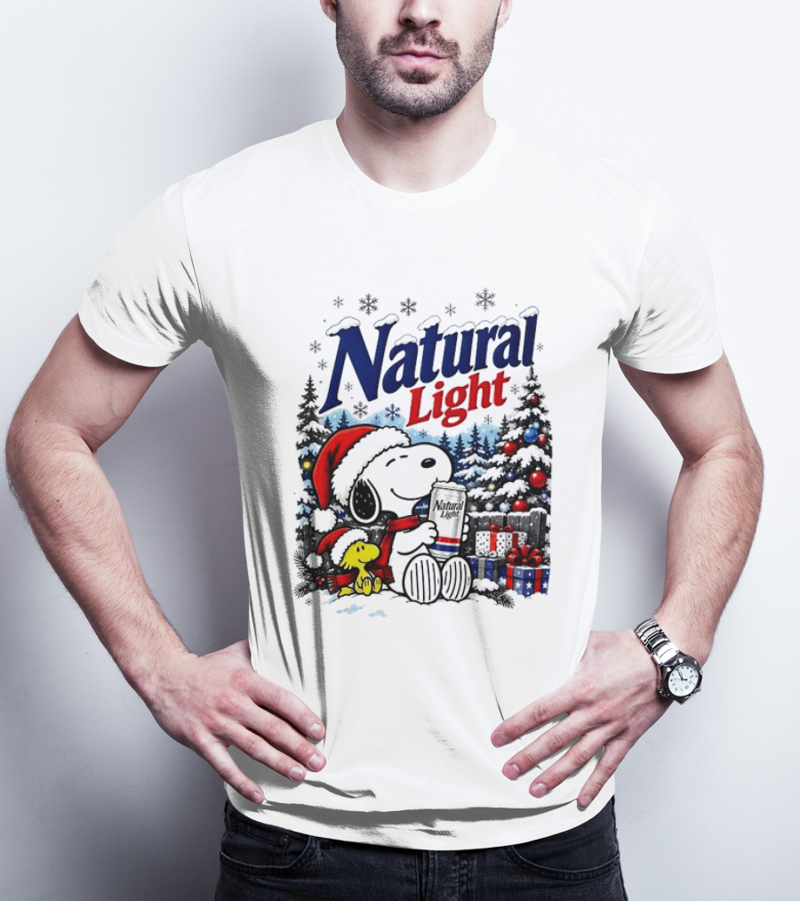 Snoopy Woodstock Santa Hat Natural Light Christmas Tree Presents T-Shirt