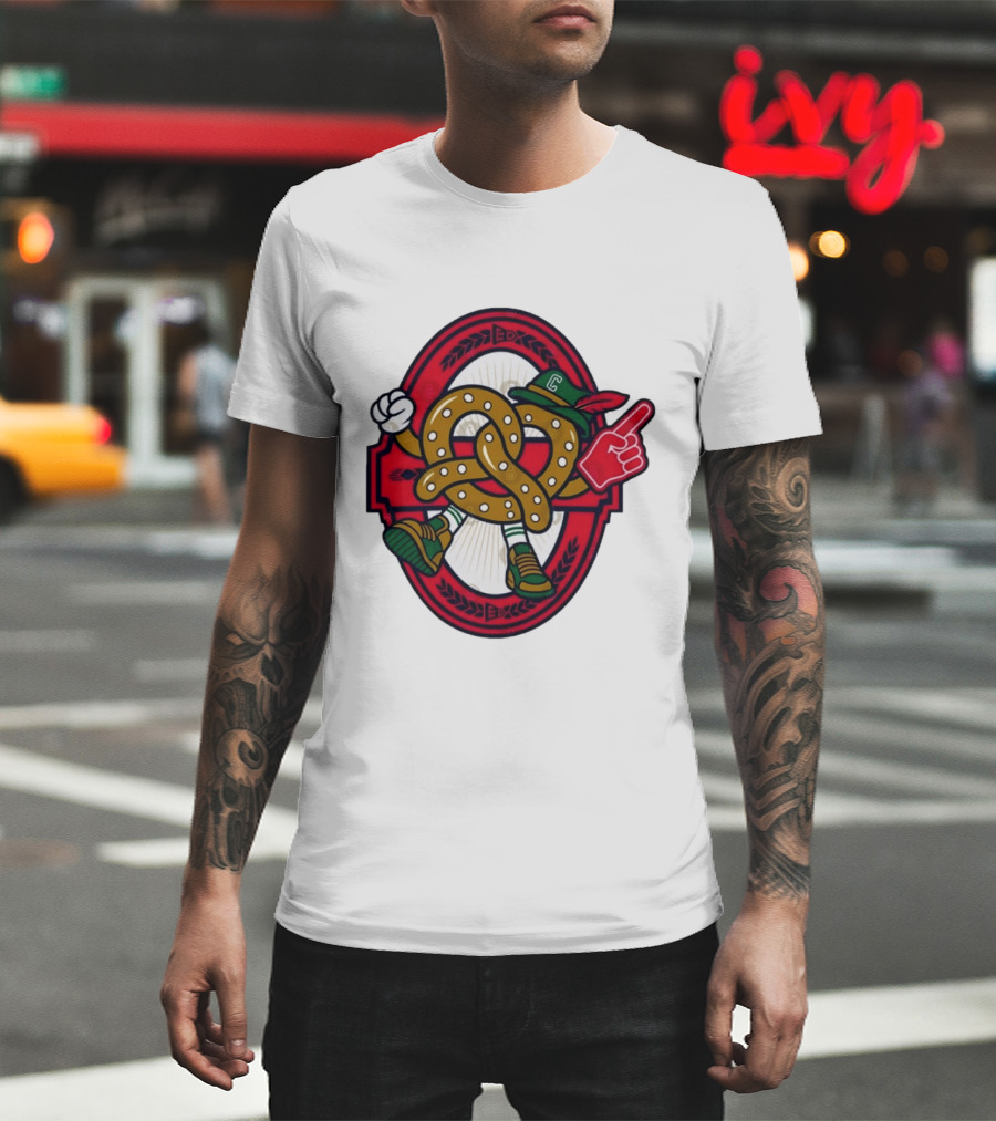 Cartoon Pretzel With Foam Finger And Red Circle T-Shirt