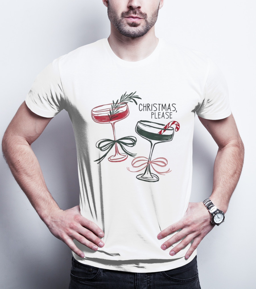 Christmas Please Holiday Cocktail Festive Glassware Bow And Candy Cane T-Shirt