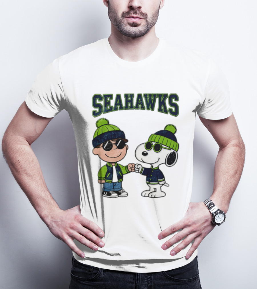 Seattle Seahawks Charlie Brown Snoopy Fist Bump Fan Gear T-Shirt
