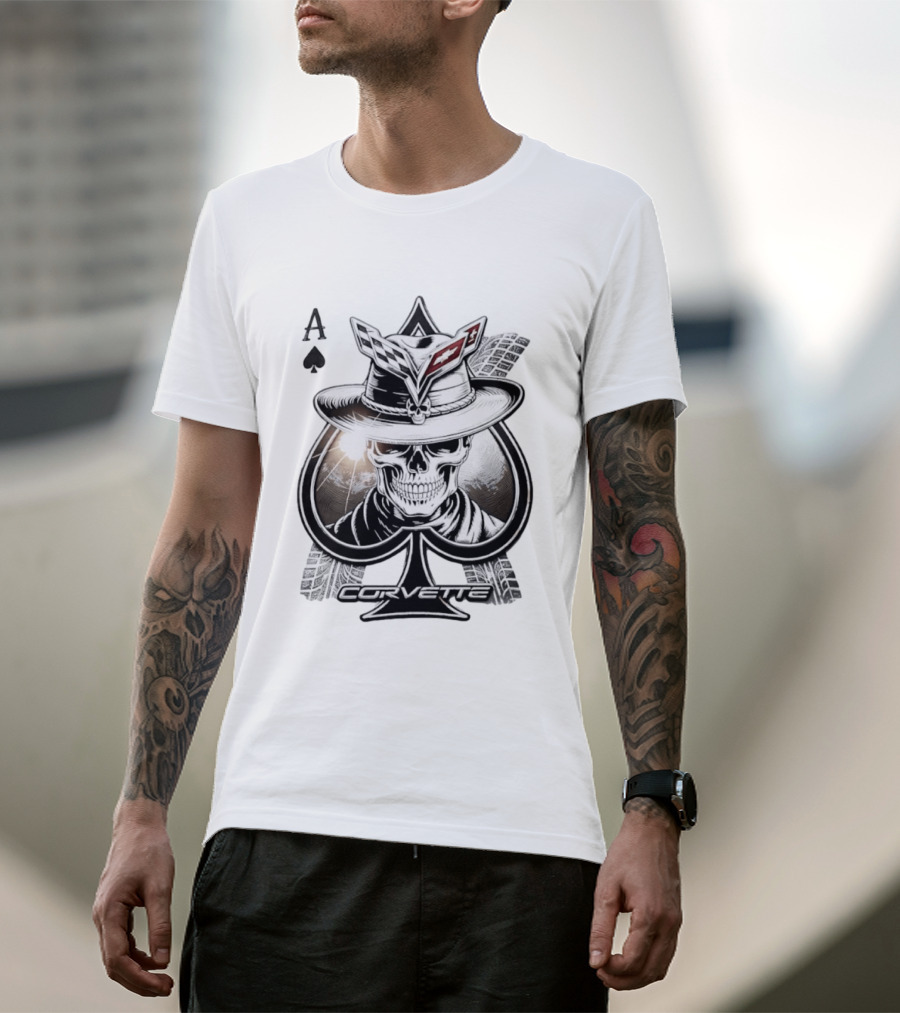 Corvette Ace Of Spades Skull Cowboy Chevrolet Hat Poker Cards T-Shirt