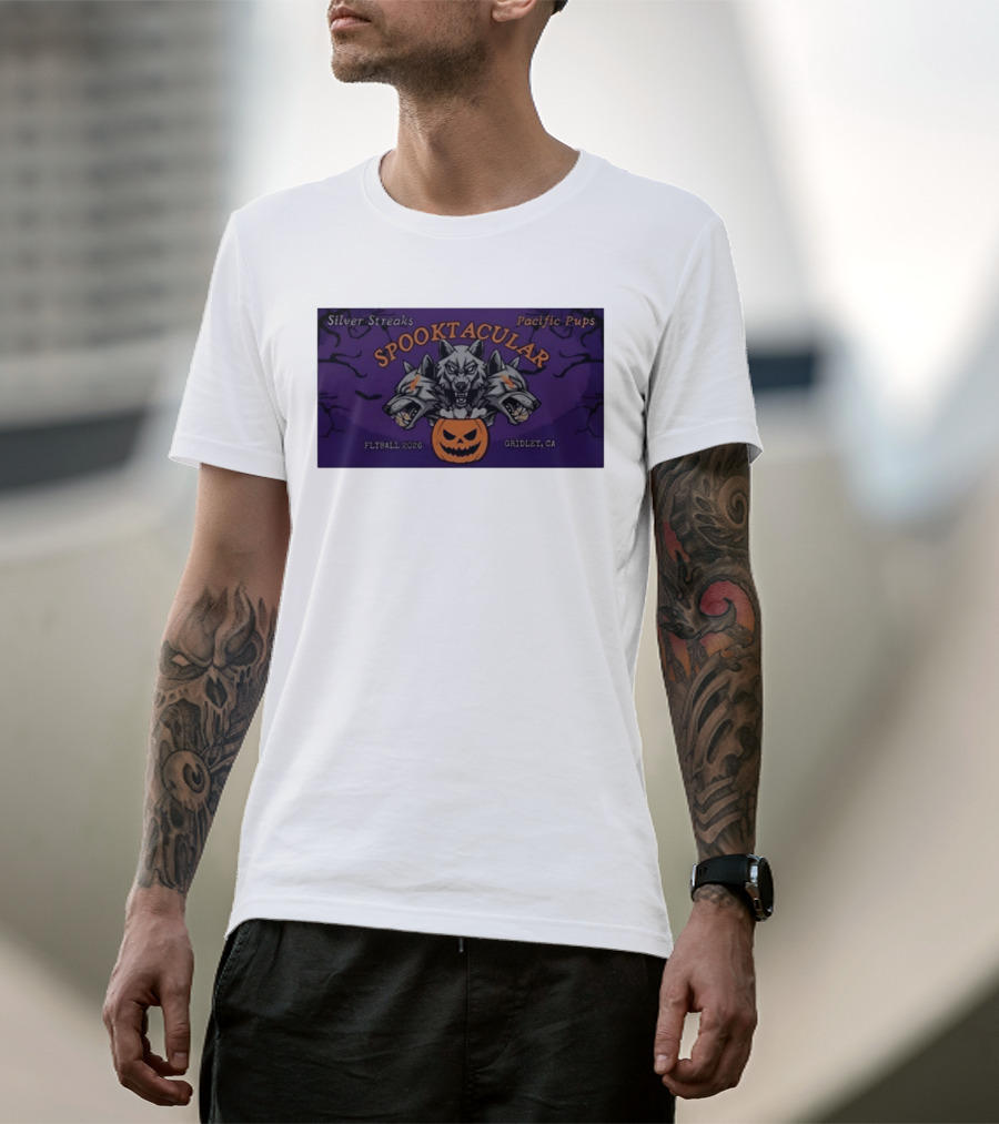 Silver Streaks Pacific Pups Spooktacular Flyball 2026 Gridley CA Halloween Three Headed Wolf Pumpkin T-Shirt