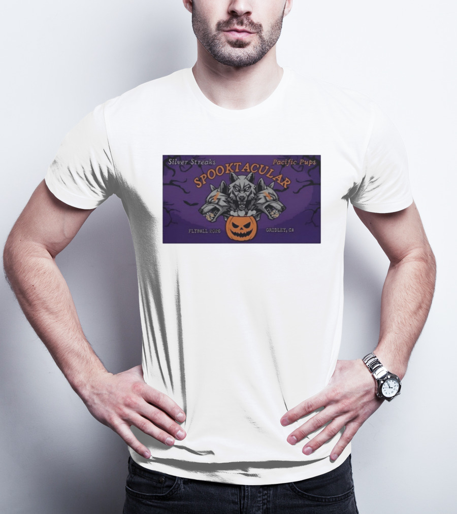 Silver Streaks Pacific Pups Spooktacular Flyball 2026 Gridley CA Halloween Three Headed Wolf Pumpkin T-Shirt