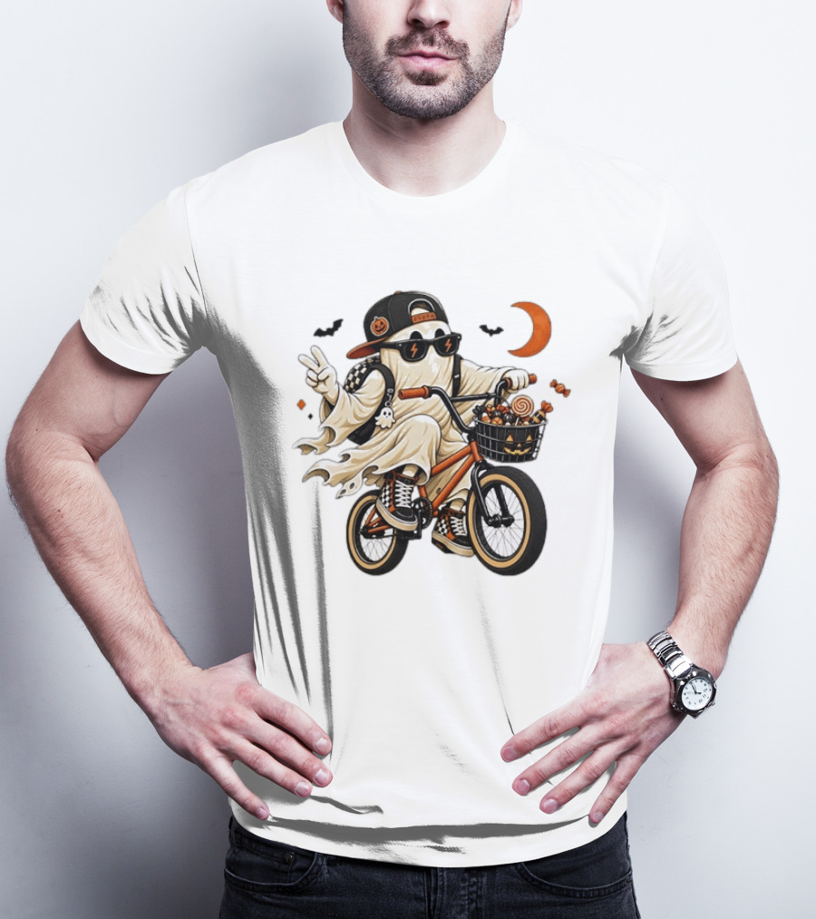 Ghost On Bike With Halloween Candy And Peace Sign Moon And Bats T-Shirt