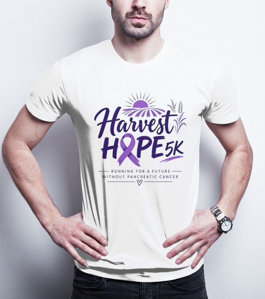 Harvest Hope 5K Running For A Future Without Pancreatic Cancer Purple Ribbon Sun Field T-Shirt