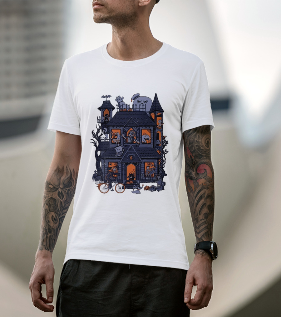 Haunted House With Stay Puft Marshmallow Man Horror Characters T-Shirt