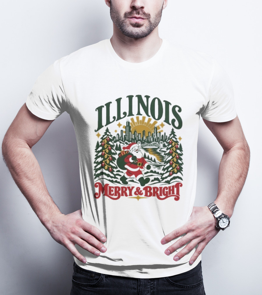 Illinois Merry And Bright Christmas Santa Skyline Forest 2026 T-Shirt