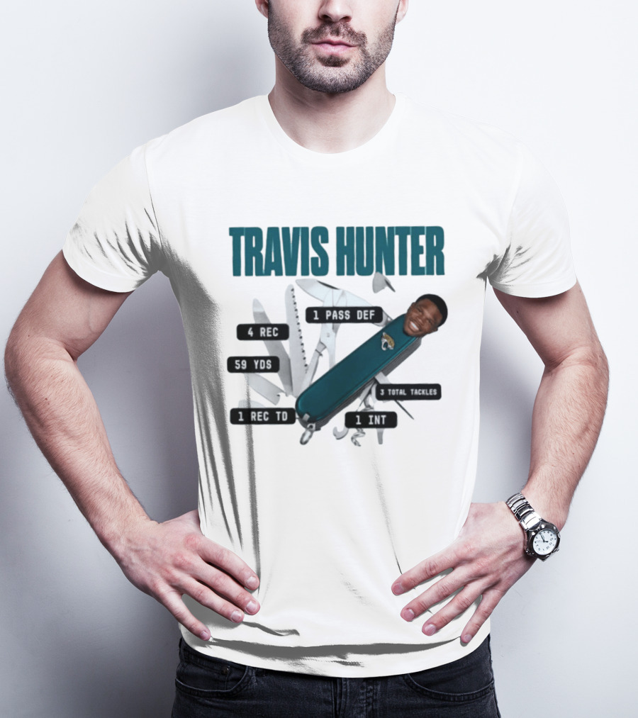 Travis Hunter Swiss Army Knife 4 REC 59 YDS 1 REC TD Jacksonville Jaguars T-Shirt