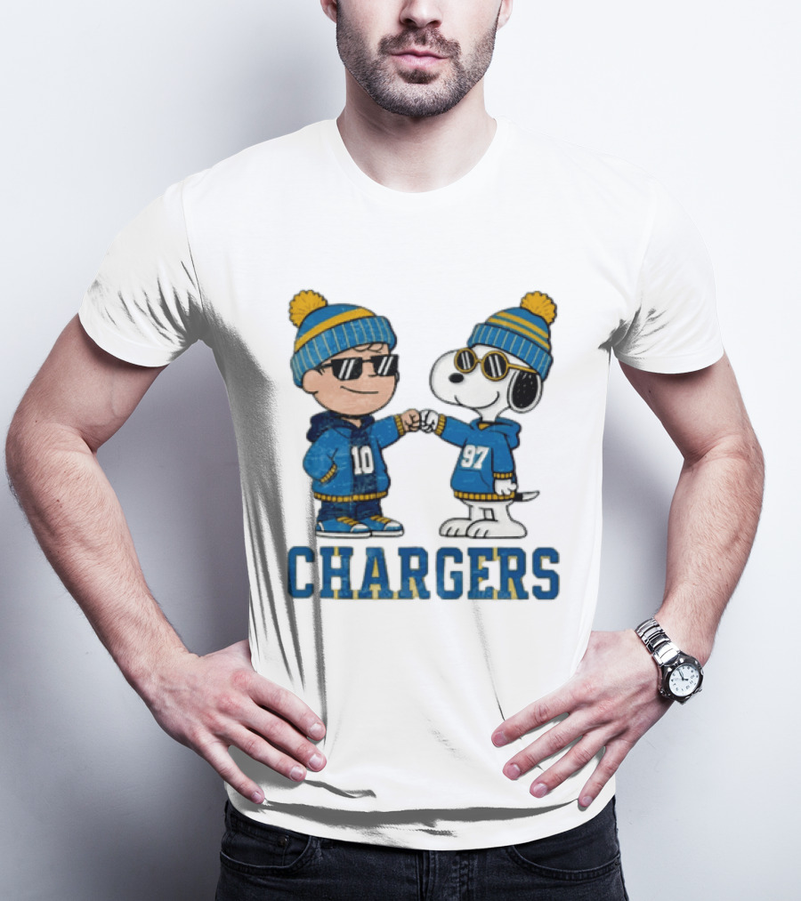 Los Angeles Chargers Charlie Brown Snoopy Fist Bump Blue Beanie Pom Pom T-Shirt
