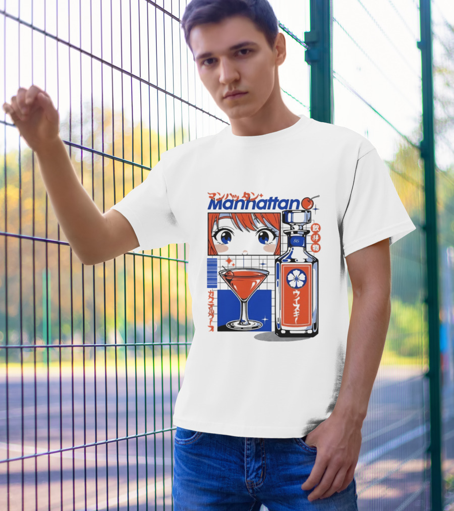 Manhattan Anime Style Whiskey Bottle With Cocktail And Cherry T-Shirt