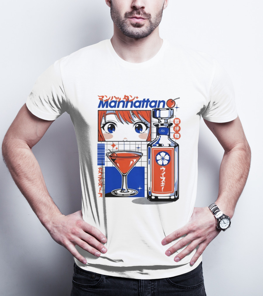 Manhattan Anime Style Whiskey Bottle With Cocktail And Cherry T-Shirt
