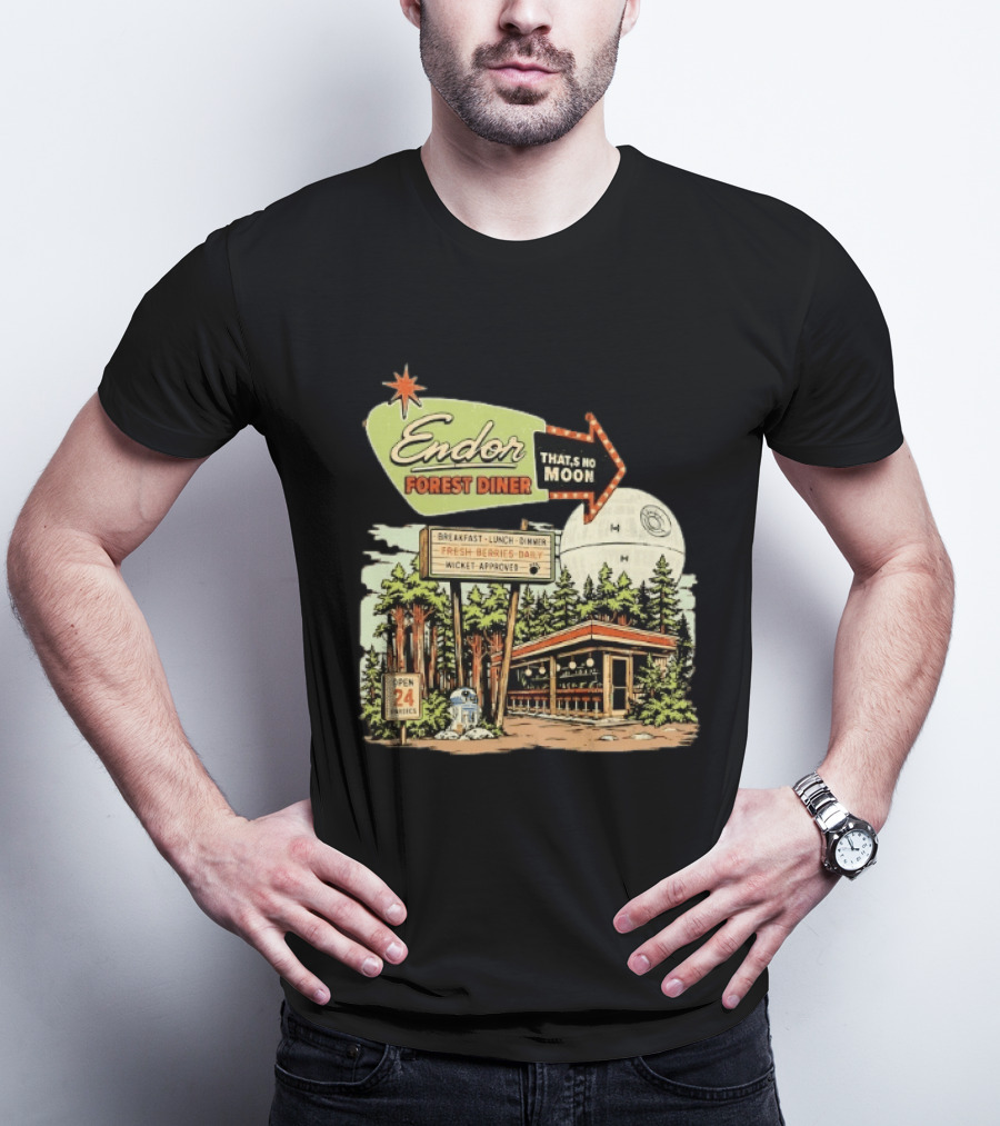Endor Forest Diner Breakfast Lunch Dinner Moon Star Wars 24 Hours R2 D2 T-Shirt
