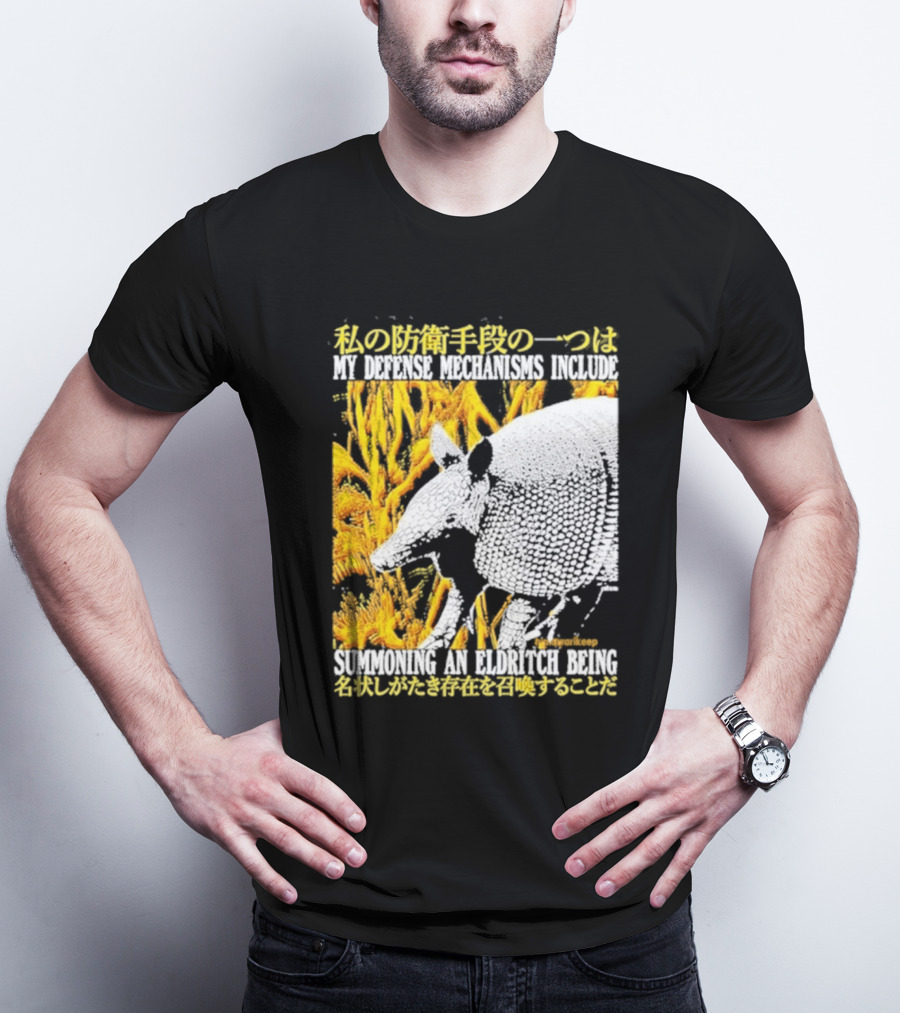 My Defense Mechanisms Include Summoning An Eldritch Being Japanese Text Immersed In Fiery Abstract T-Shirt