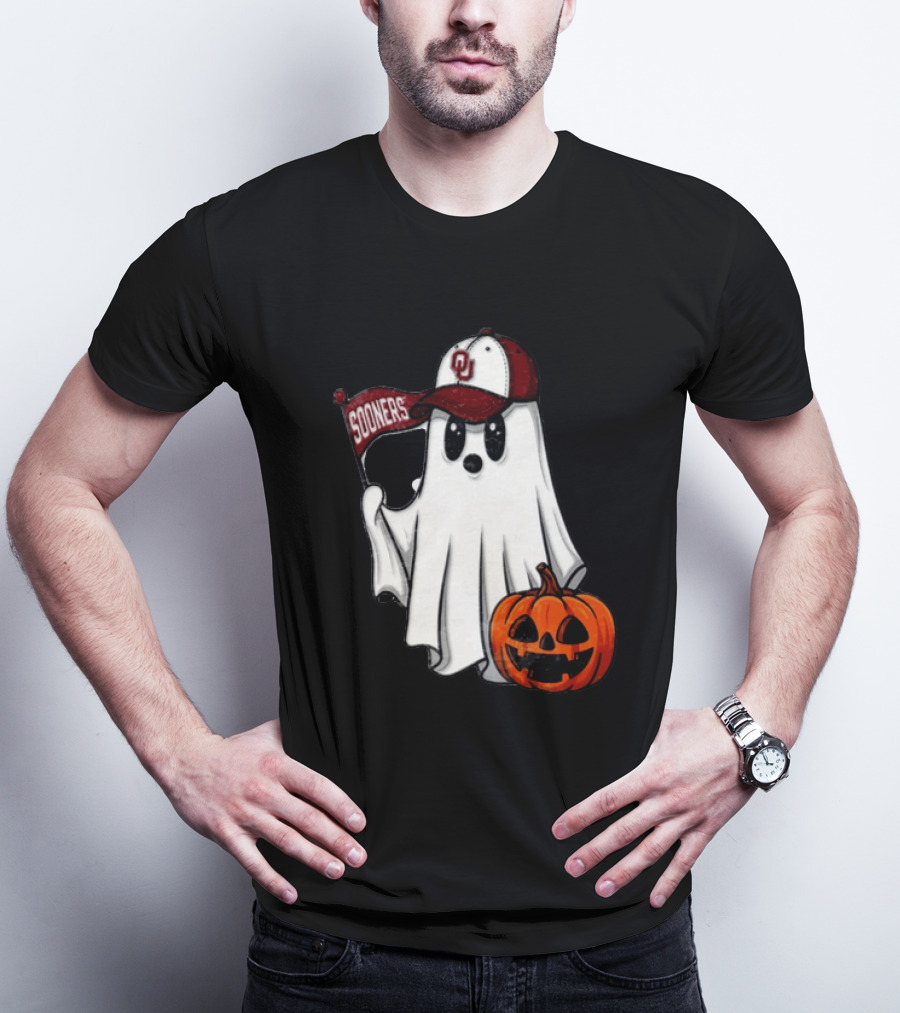 Oklahoma Sooners Ghost With Pumpkin Halloween Fan Gear T-Shirt