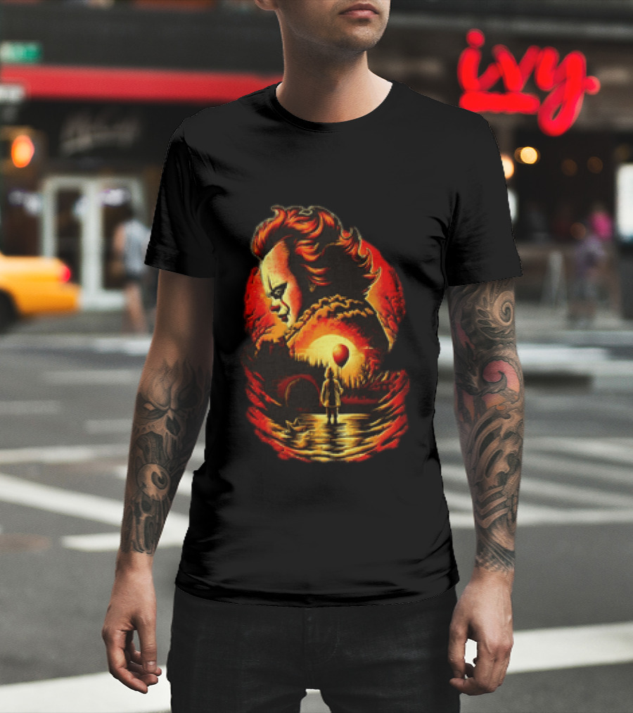 Pennywise IT Clown Face With Red Balloon And Sunset Scene T-Shirt