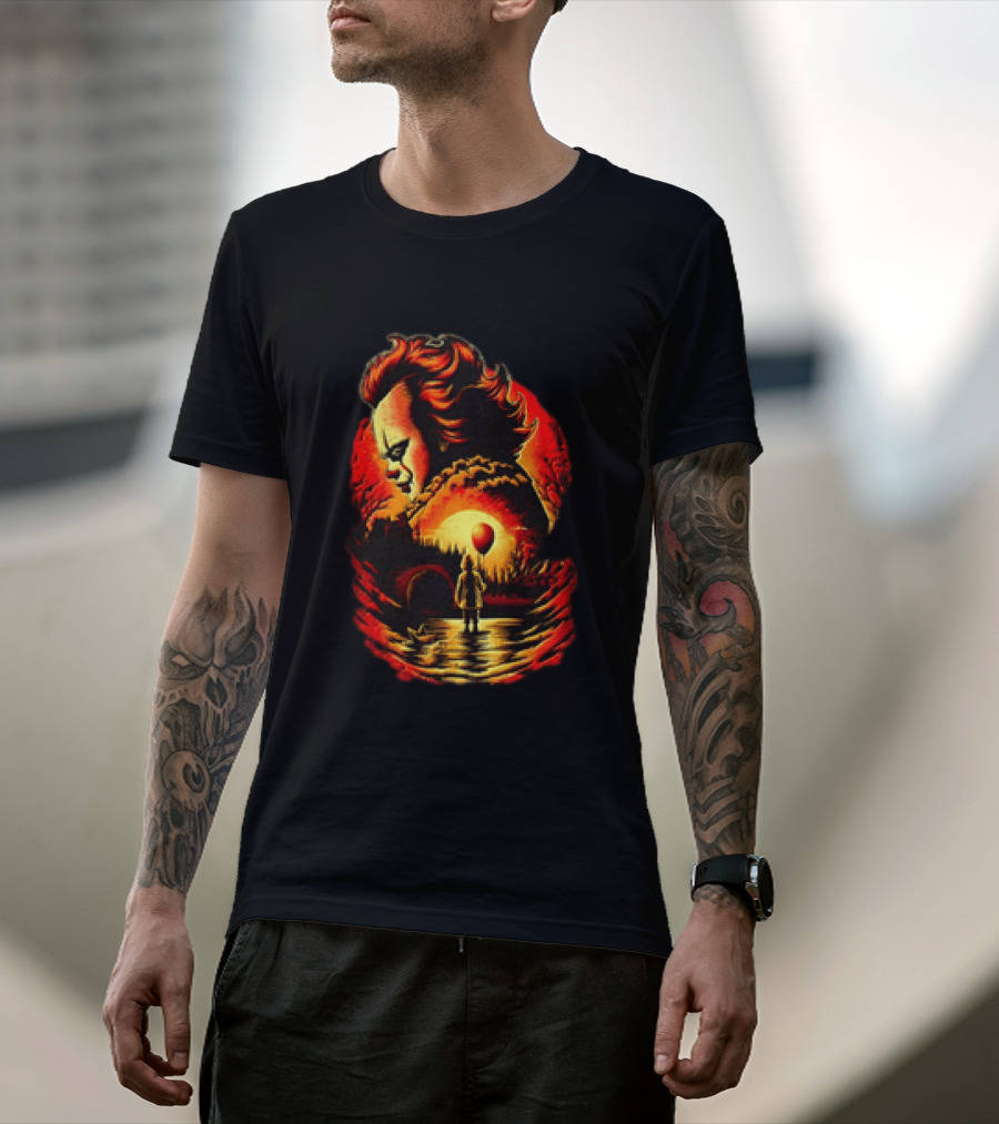 Pennywise IT Clown Face With Red Balloon And Sunset Scene T-Shirt