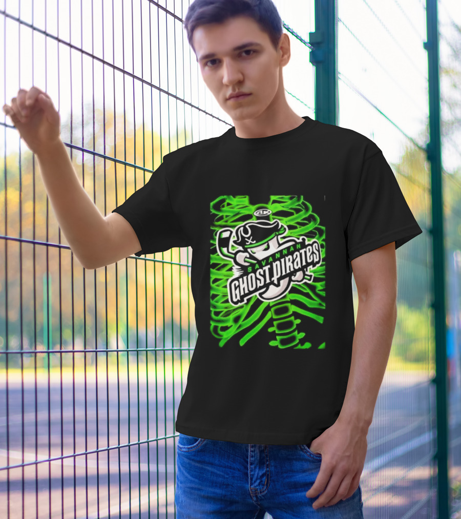 Savannah Ghost Pirates ECHL Hockey Team Graphics Neon Green T-Shirt