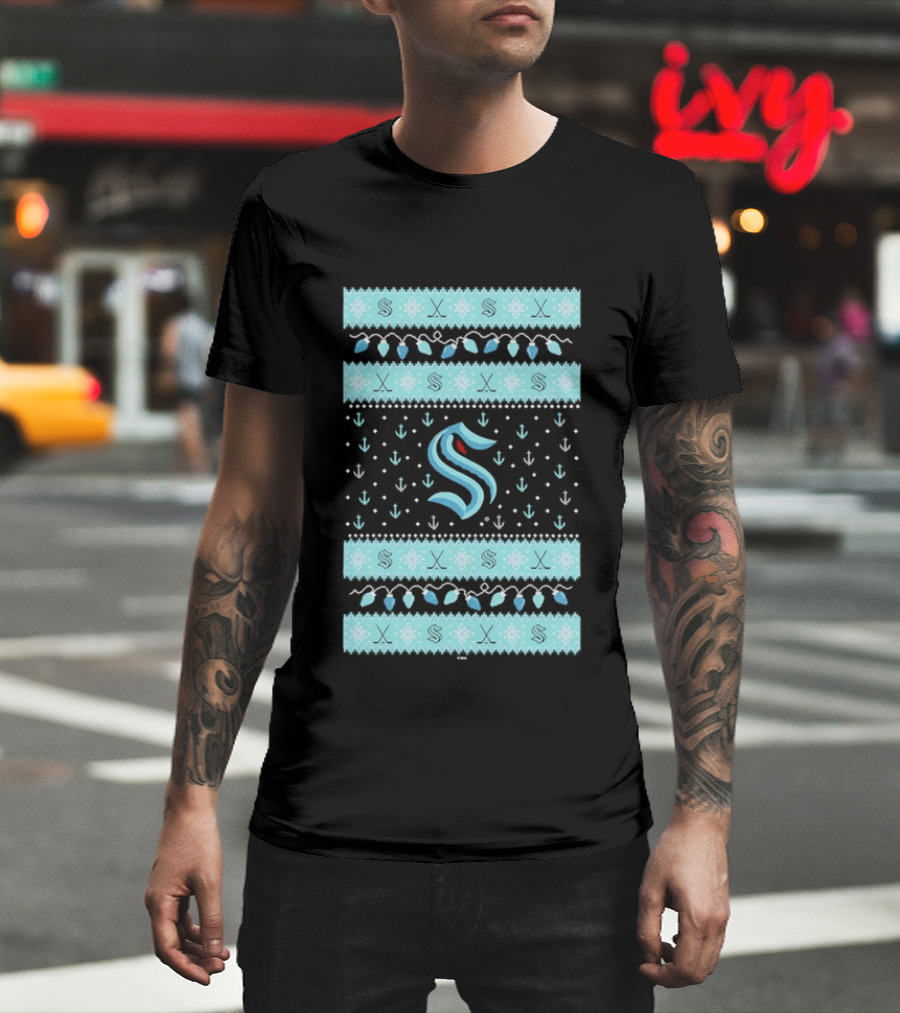 Seattle Kraken NHL Holiday Knit Sweater Lights Snowflakes T-Shirt