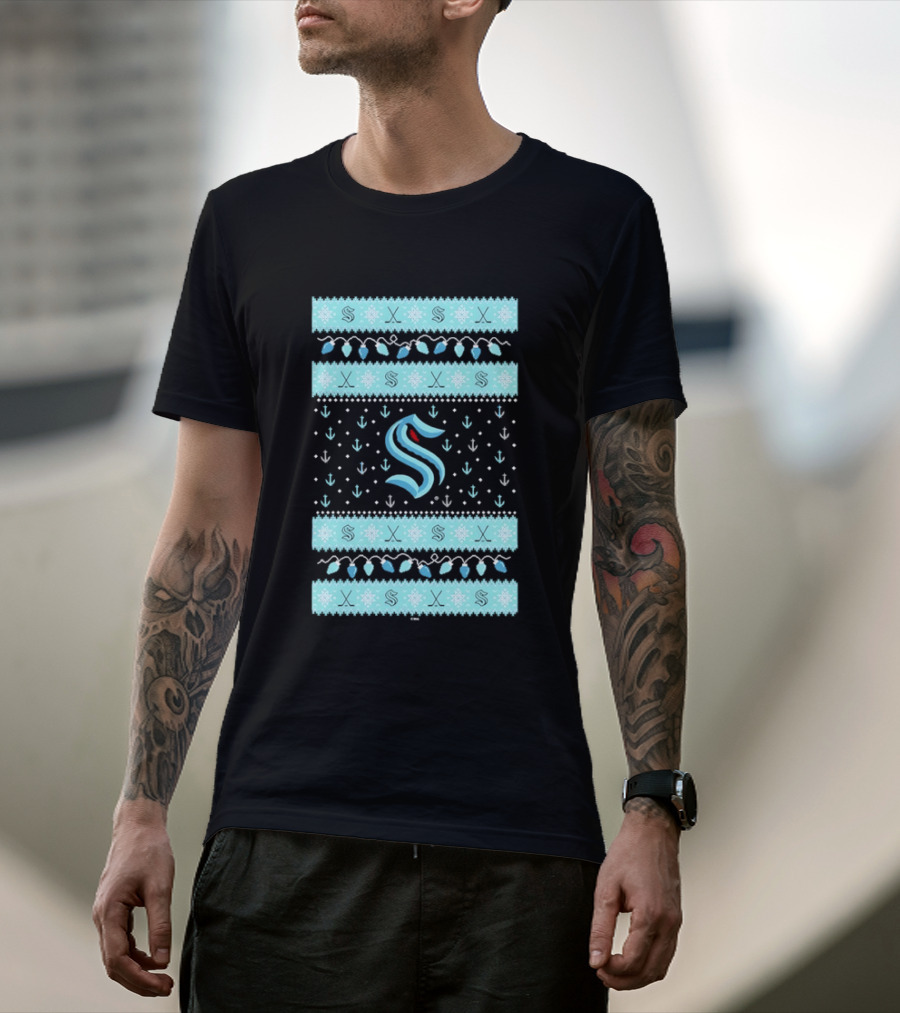 Seattle Kraken NHL Holiday Knit Sweater Lights Snowflakes T-Shirt