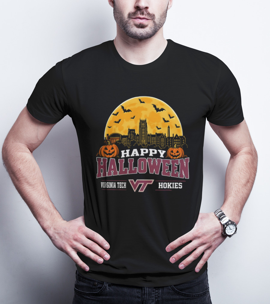 Virginia Tech Hokies Happy Halloween VT Skyline Pumpkins Bats Moon 2026 T-Shirt